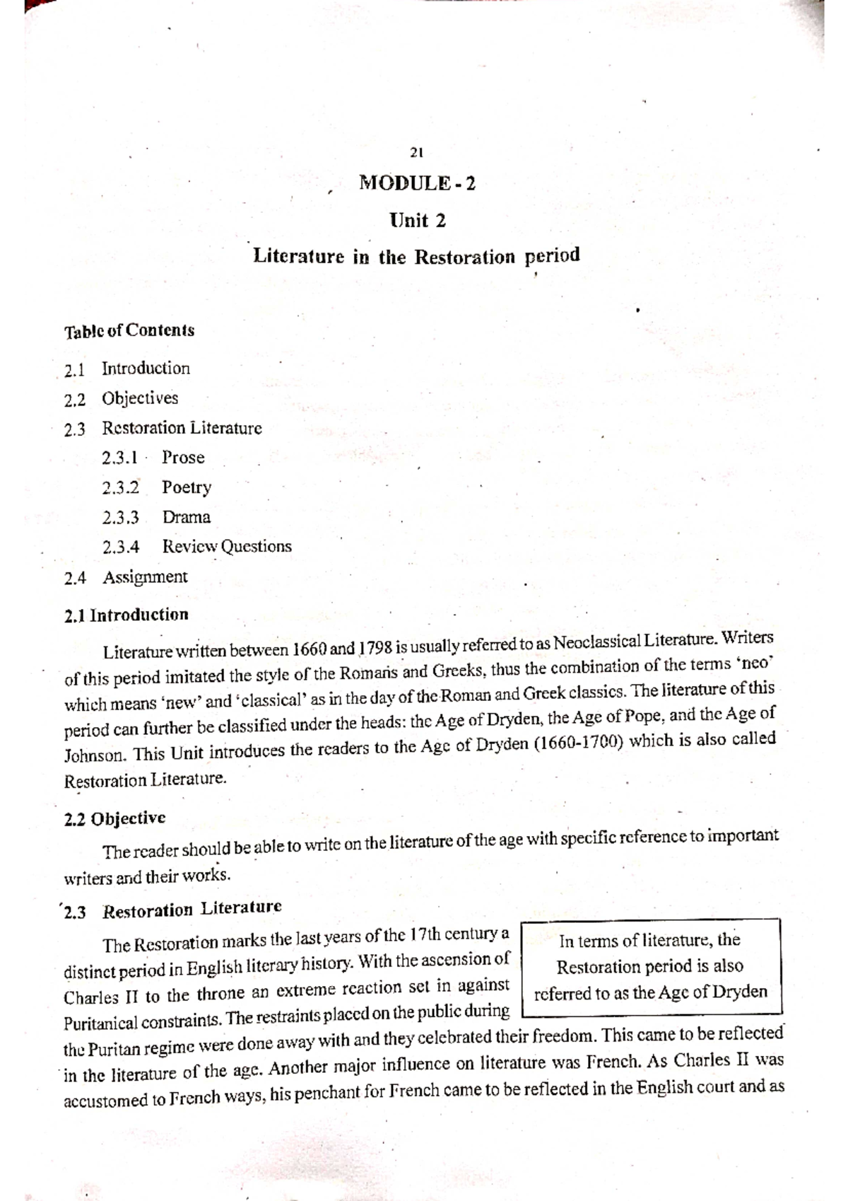 Literature in the Restoration Period - Common Course I English - Studocu