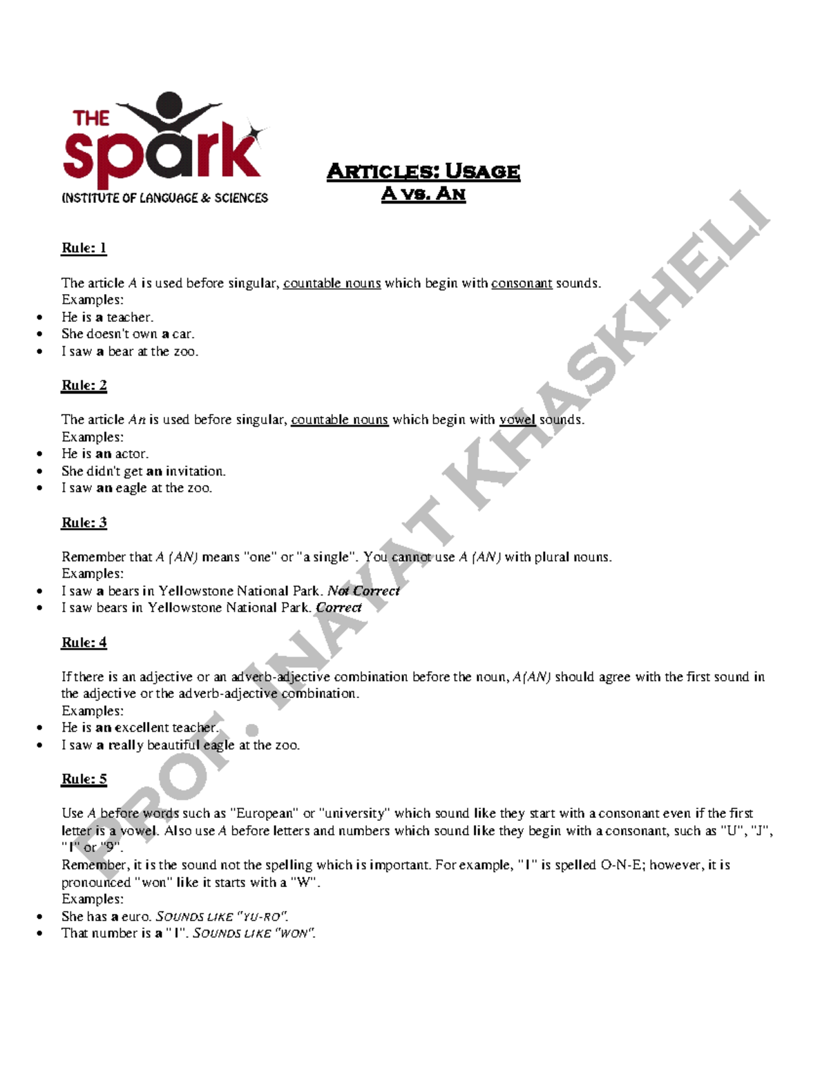 Article Rules of Usage - Articles: Usage A vs. An Rule: 1 The article A ...