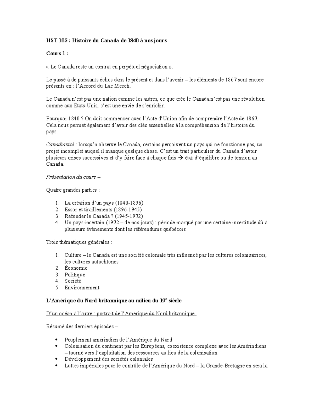 Canada après 1840 - Notes de cours 1-13 - HST 105 : Histoire du Canada ...