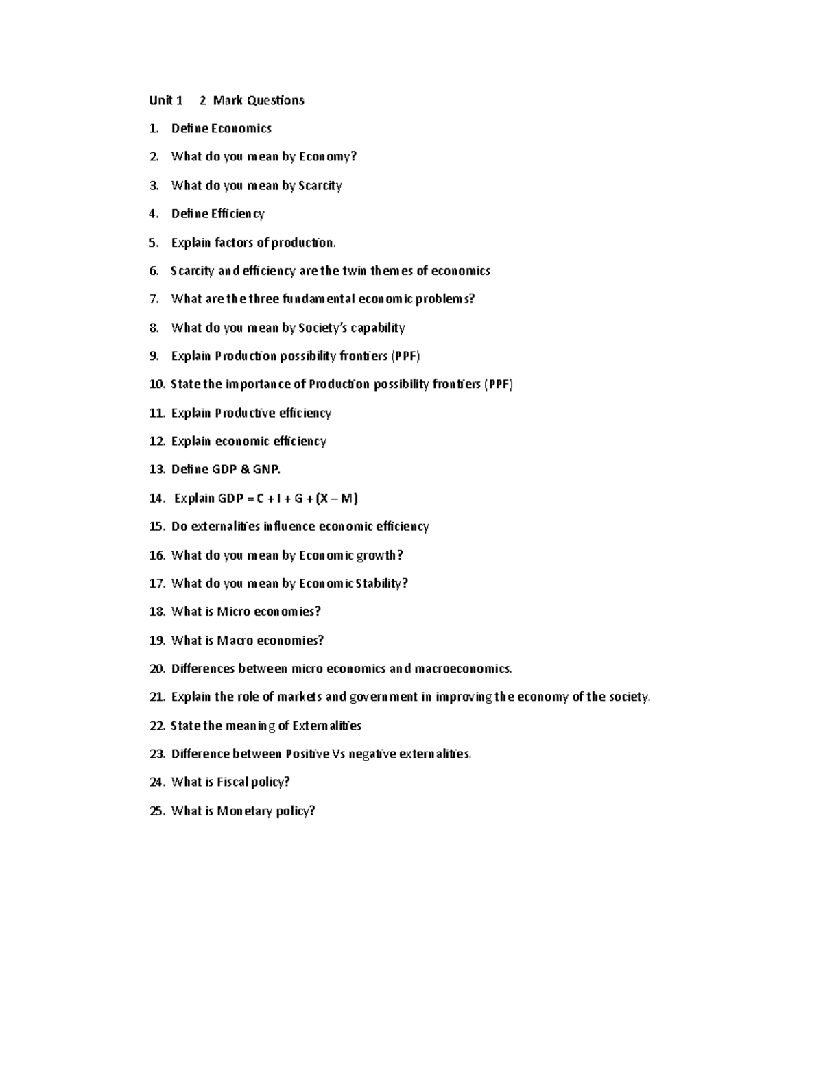 ME Unit 1 2 Mark Questions - Unit 1 2 Mark QuesƟons Define Economics What do you mean by Economy ...