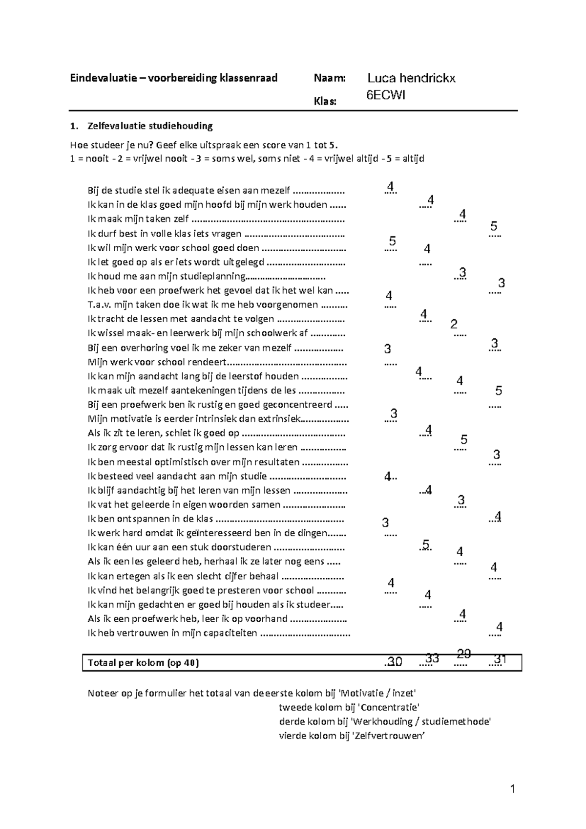 Vragenlijst volgende jaren - Eindevaluatie – voorbereiding klassenraad Naam: Klas: 1 ...