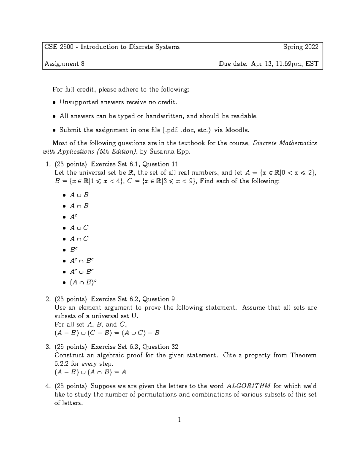 CSE 2500 Assignment 8 2022 - CSE 2500 - Introduction to Discrete Systems Spring 2022 Assignment ...