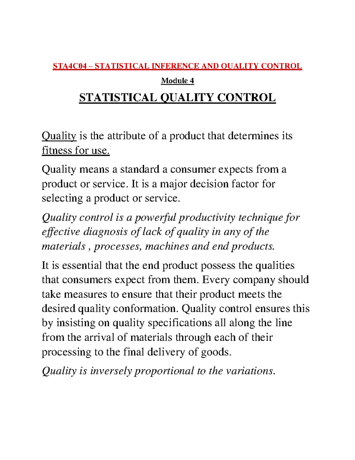 Quality Control Notes - STA4C04 – STATISTICAL INFERENCE AND QUALITY ...