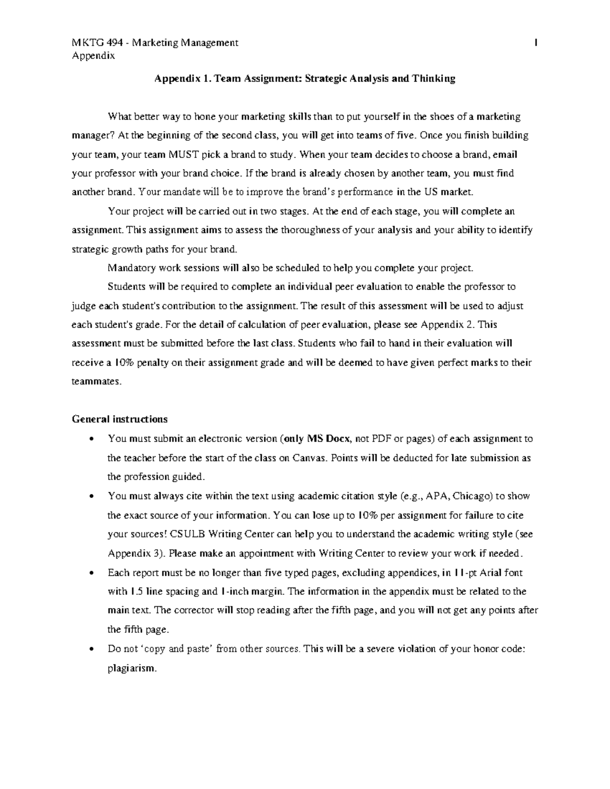 Team Assignment Instructions - Appendix Appendix 1. Team Assignment ...