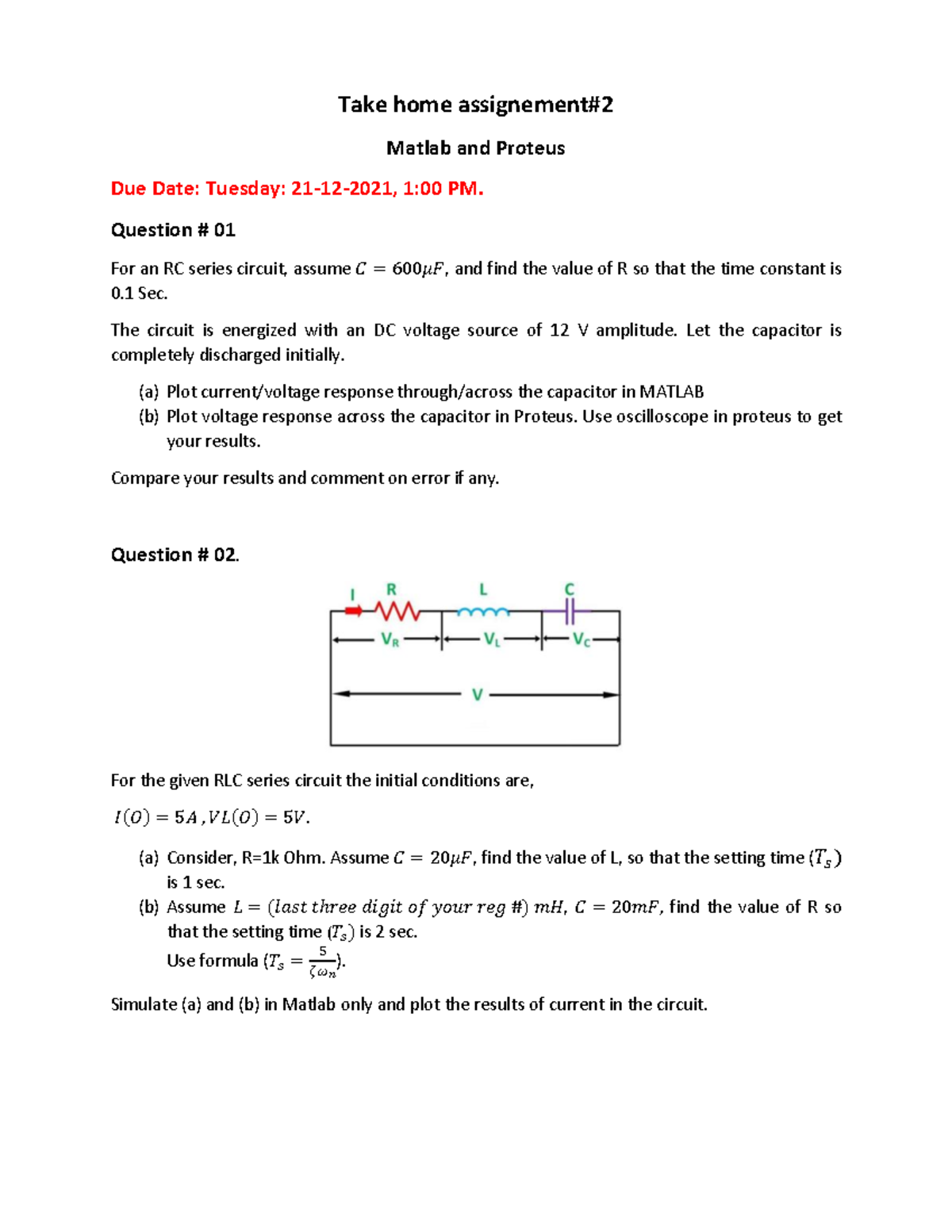 Take home assignement 2 1 - Take home assignement# Matlab and Proteus ...