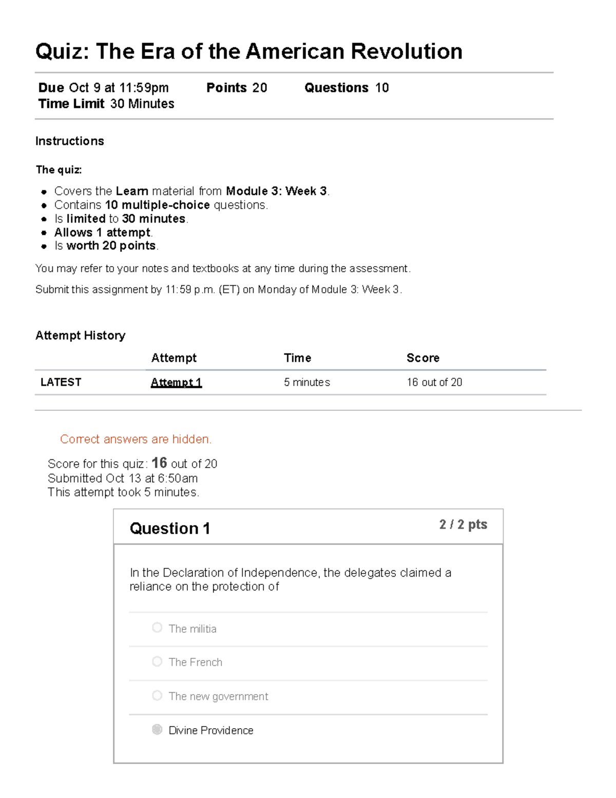Quiz The Era of the American Revolution HIUS221 Survey of American History I (C01) - Quiz: The ...
