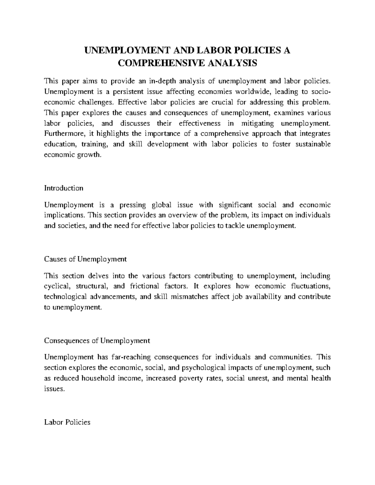 Unemployment AND Labor Policies A Comprehensive Analysis - UNEMPLOYMENT ...