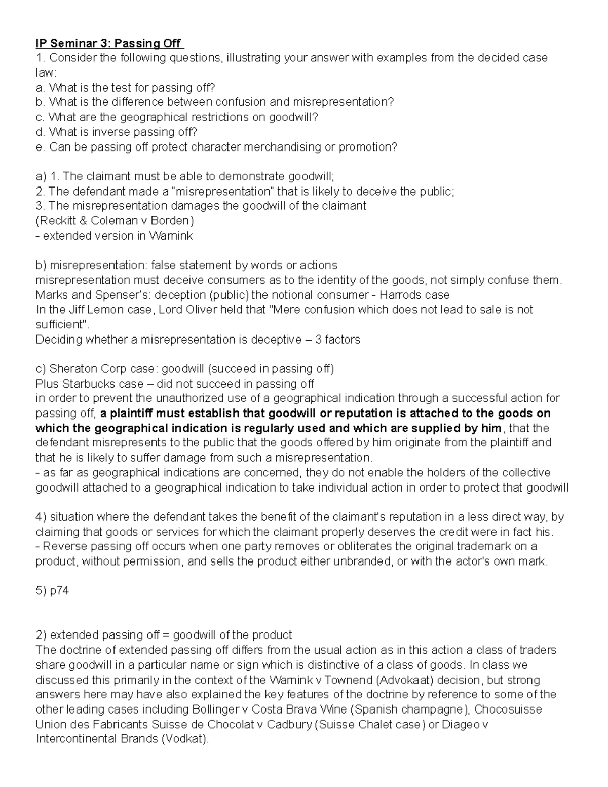 IP Seminar 3 - What is the test for passing off? b. What is the ...