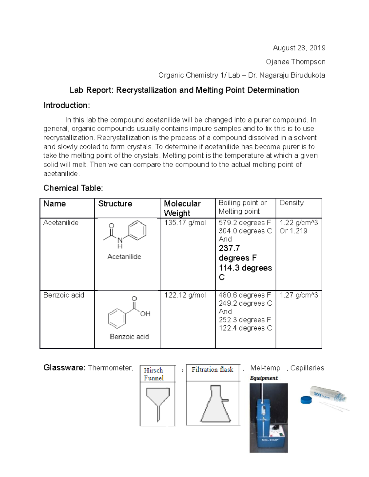 Organic chem 1 lab report ojanae - August 28, 2019 Ojanae Thompson ...