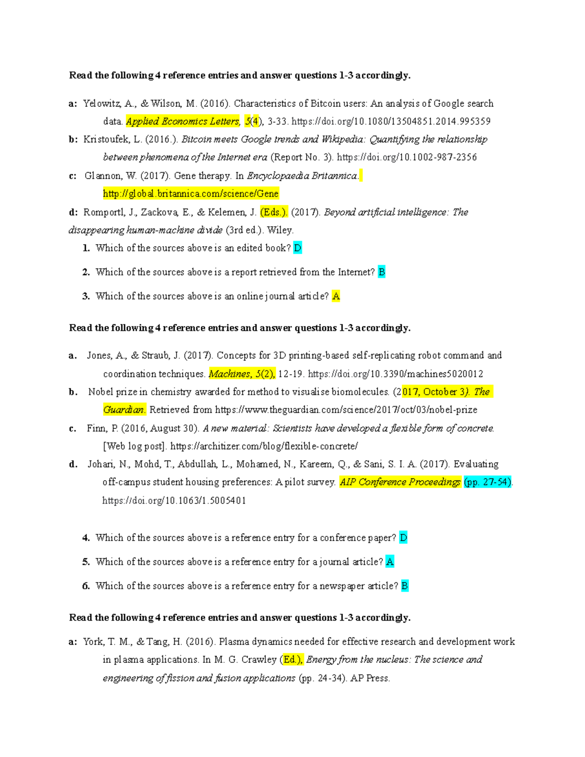 Sample reference and citations exercises - Read the following 4 ...
