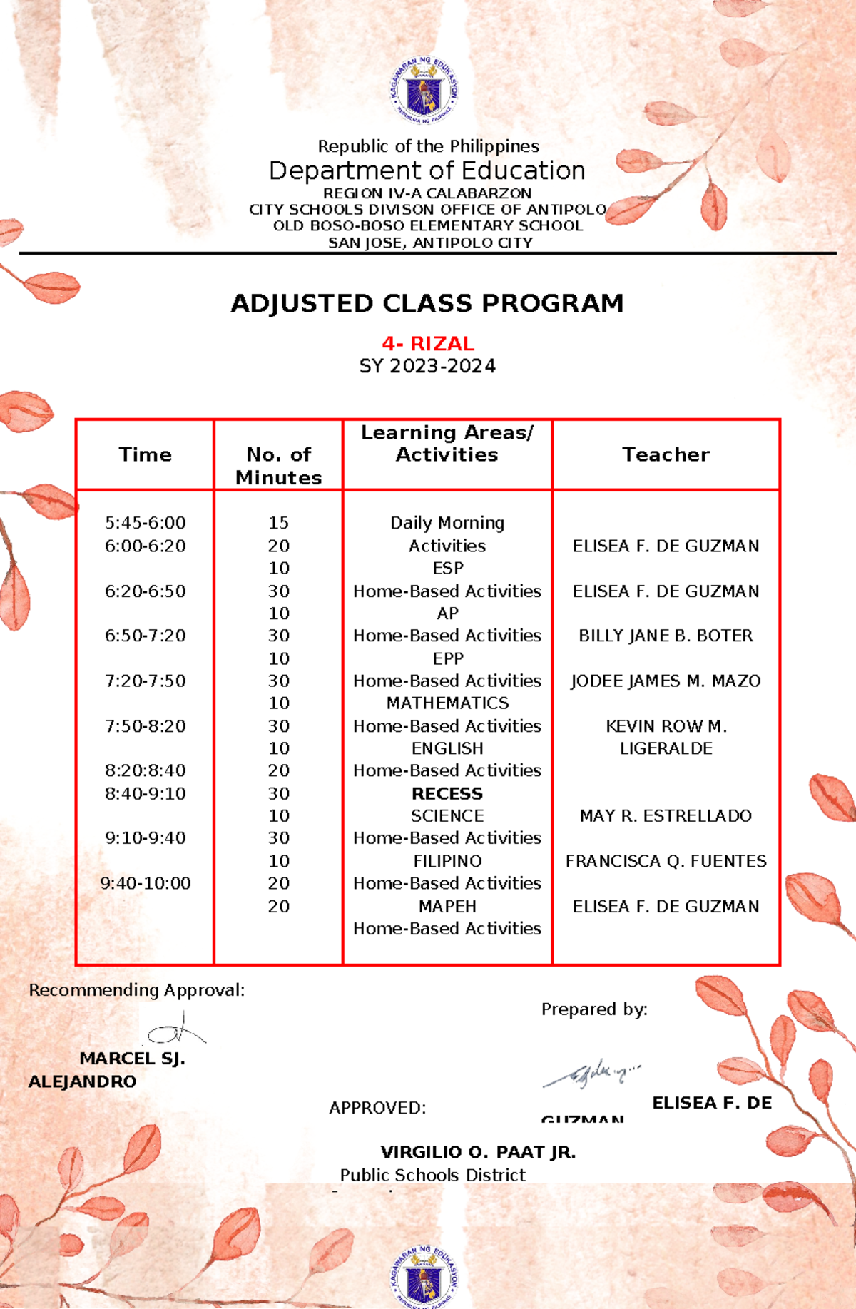 Grade 4 Adjusted Class Program 2023 2024 - Republic of the Philippines Department of Education ...
