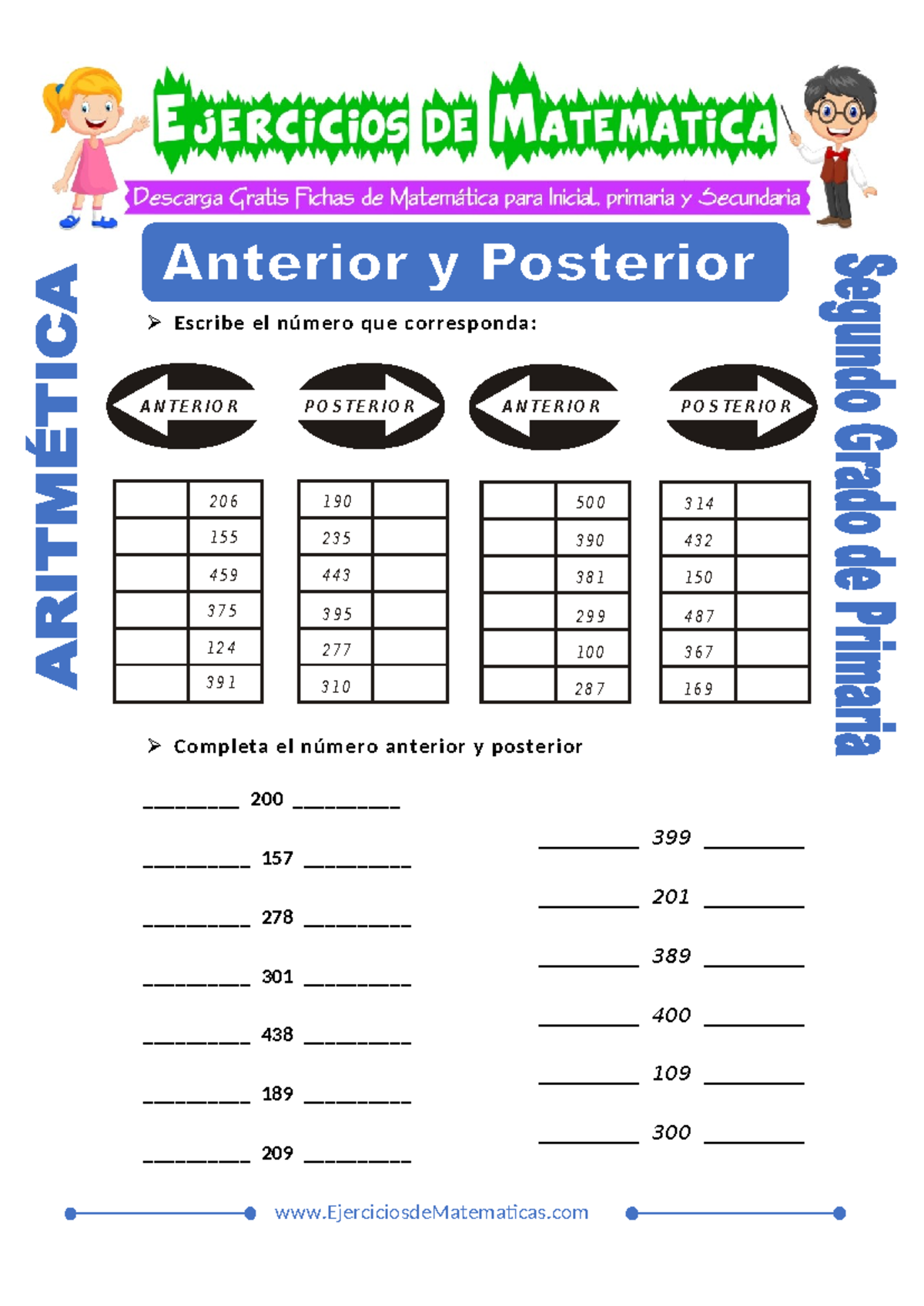 Anterior y Posterior para Segundo de Primaria - Escribe el número que ...