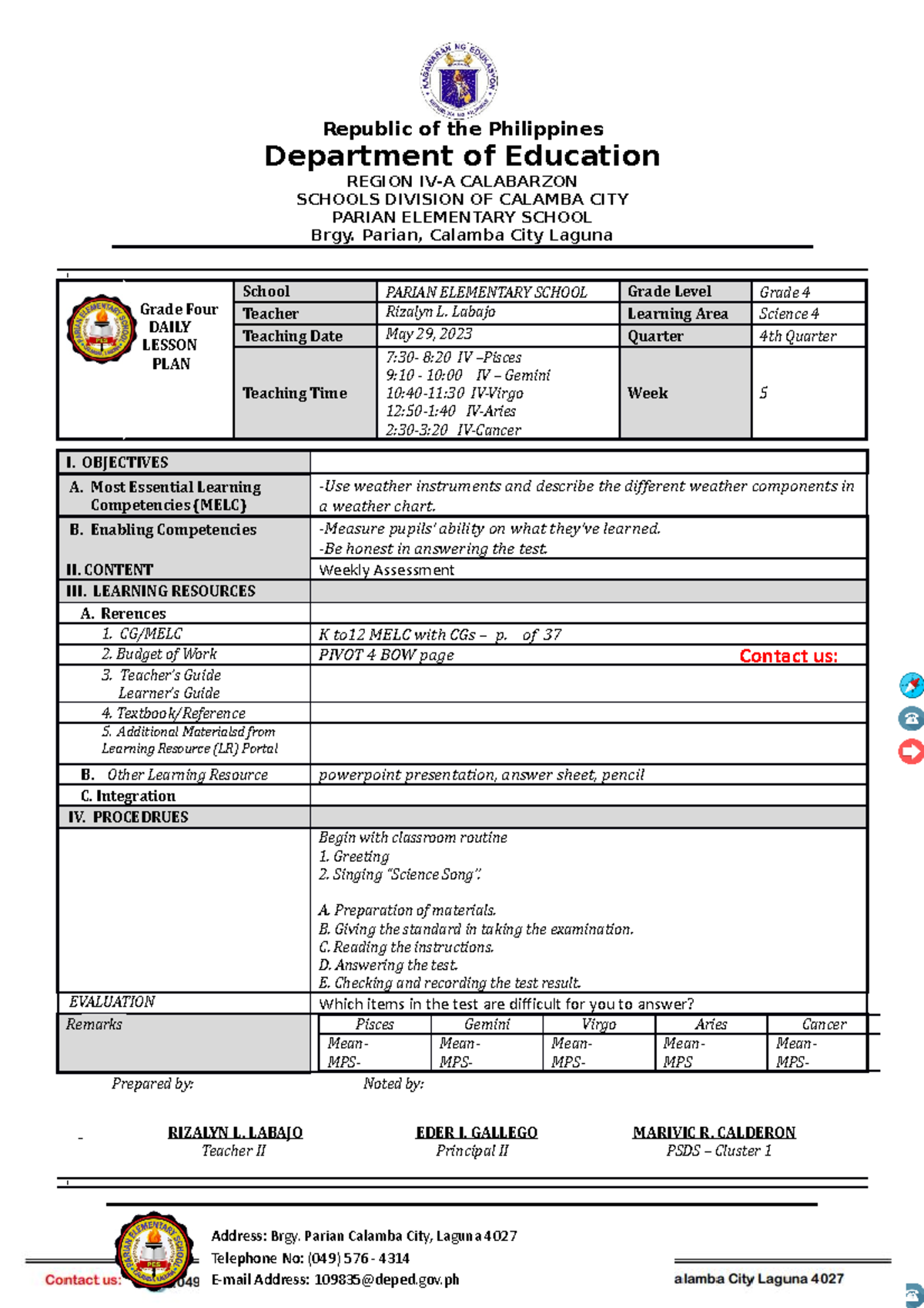 DLP Science 4 Q4 W5 DAY 1 5 - Department of Education REGION IV-A ...