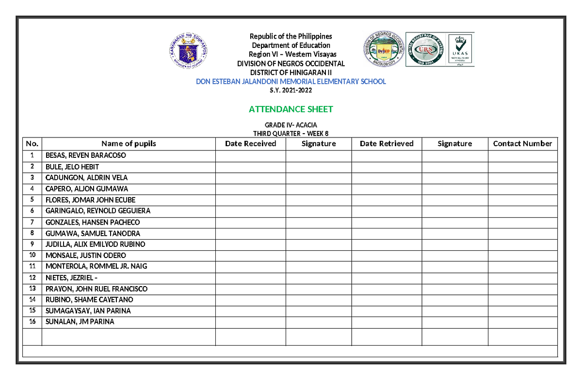 Attendance Sheet- Module - Republic of the Philippines Department of Education Region VI ...
