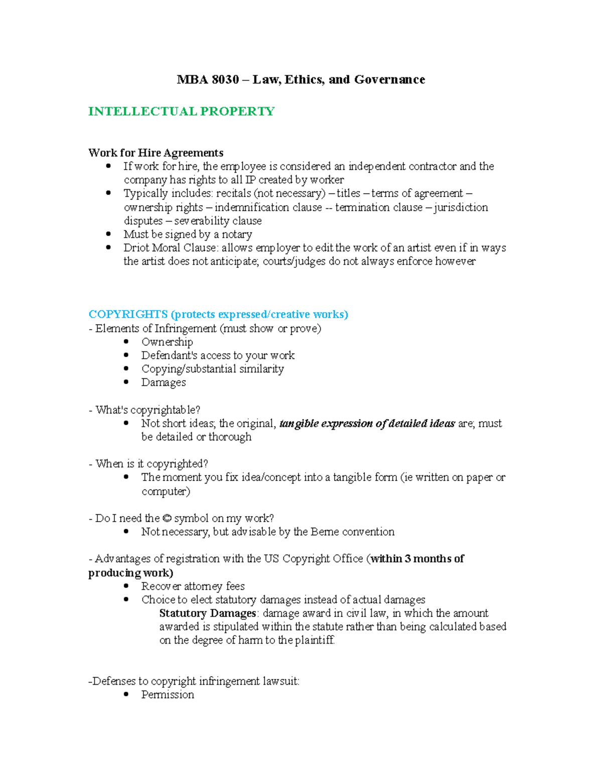 MBA 8030 - Term Sheet II (through Exam 2) - MBA 8030 – Law, Ethics, and Governance INTELLECTUAL ...