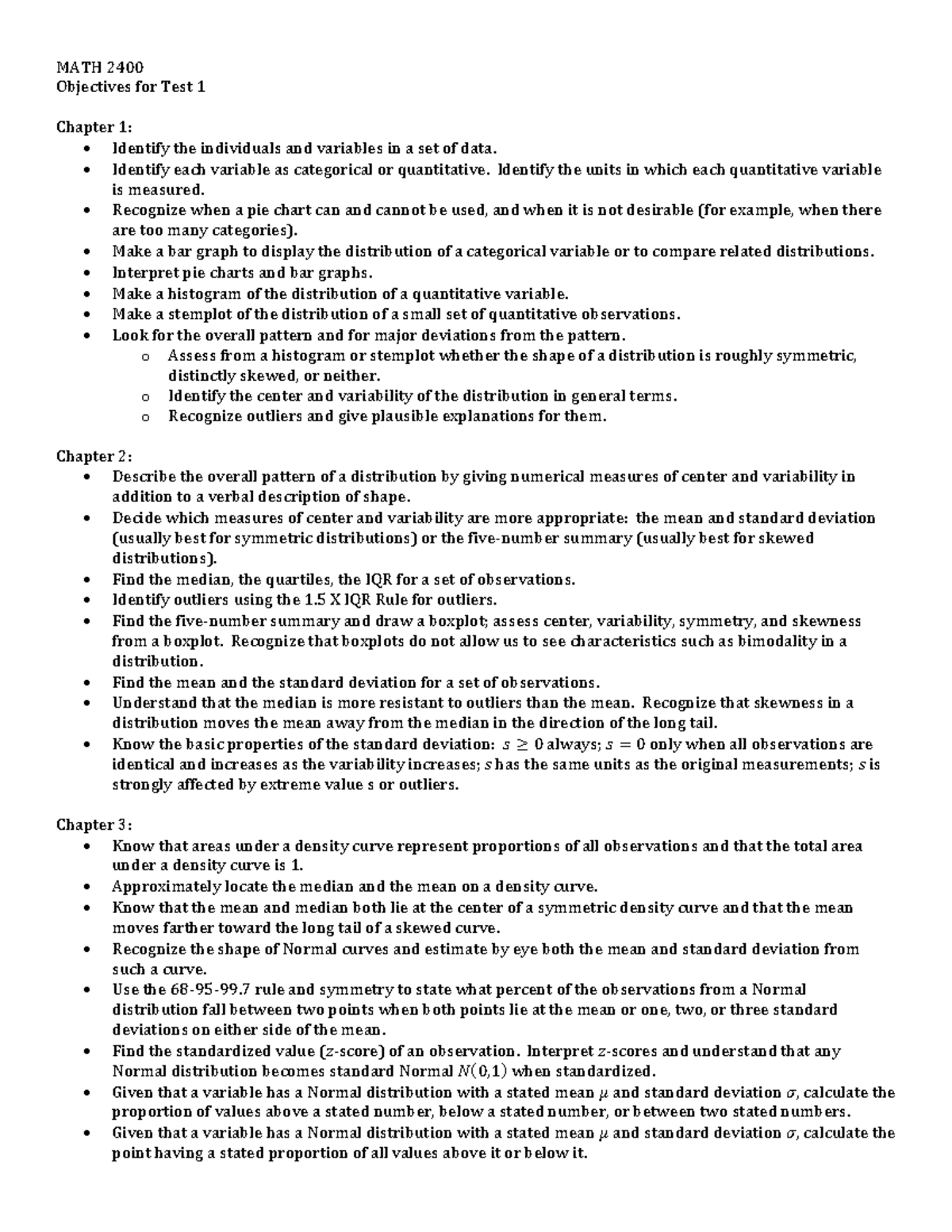 Unit 1 Objectives - MATH 2400 Objectives for Test 1 Chapter 1: Identify ...