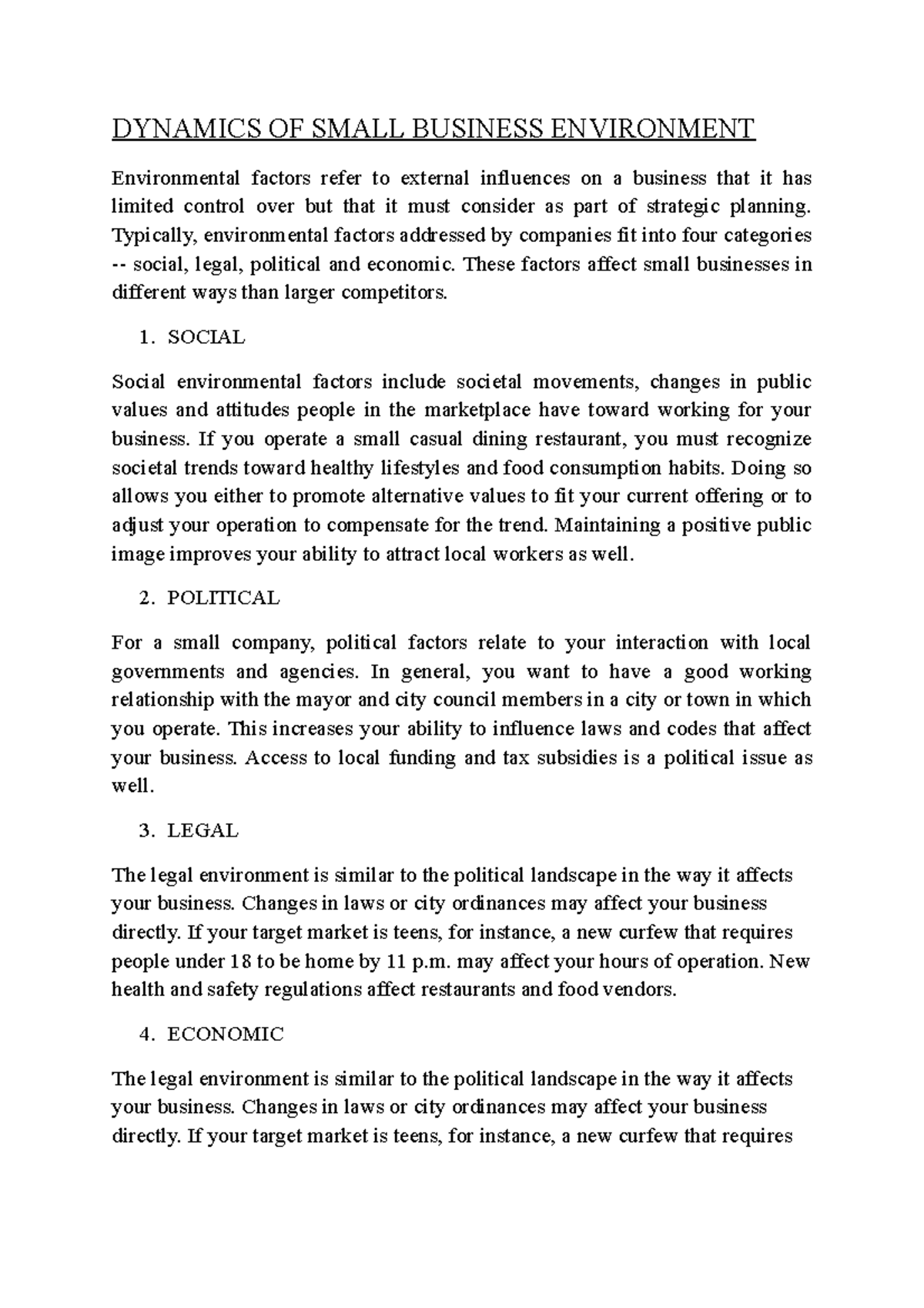 Dynamics OF Small Business Environment - DYNAMICS OF SMALL BUSINESS ...