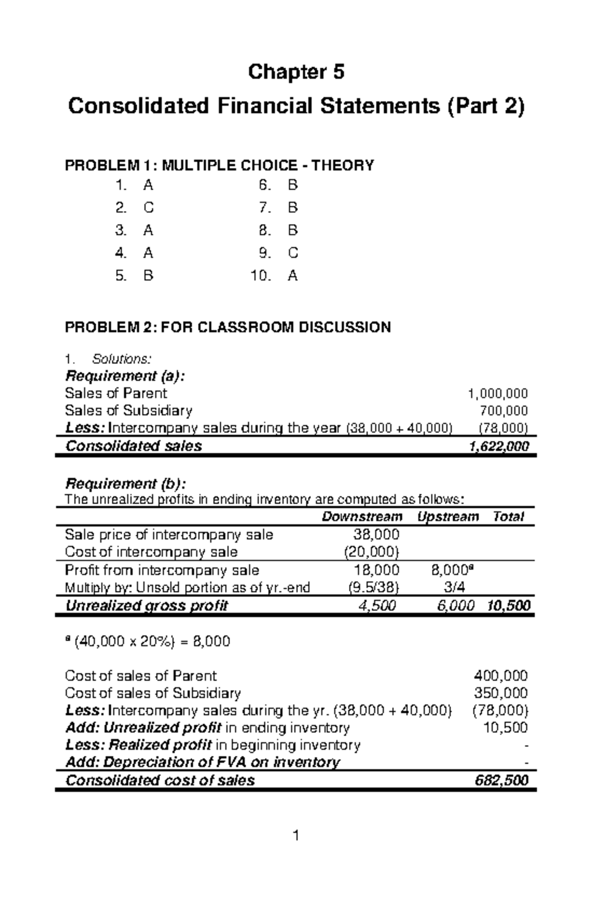 Chapter 5- Consolidated Financial Statements (Part 2) - A 6. B 2. C 7. B 3. A 8. B 4. A 9. C 5 ...