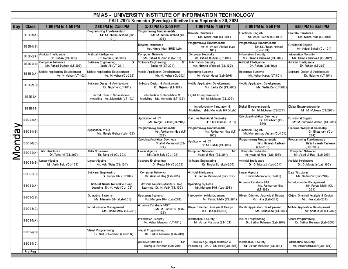 Evening Time table Fall-2024 - Day Class 1:00 PM to 1:50 PM 2:00 PM to ...