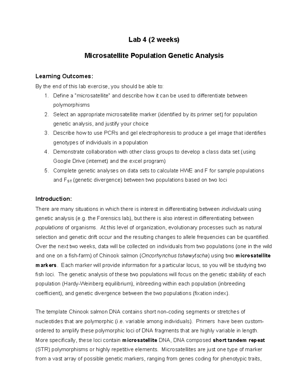 Genetics lab 4 - Lab 4 (2 weeks) Microsatellite Population Genetic ...