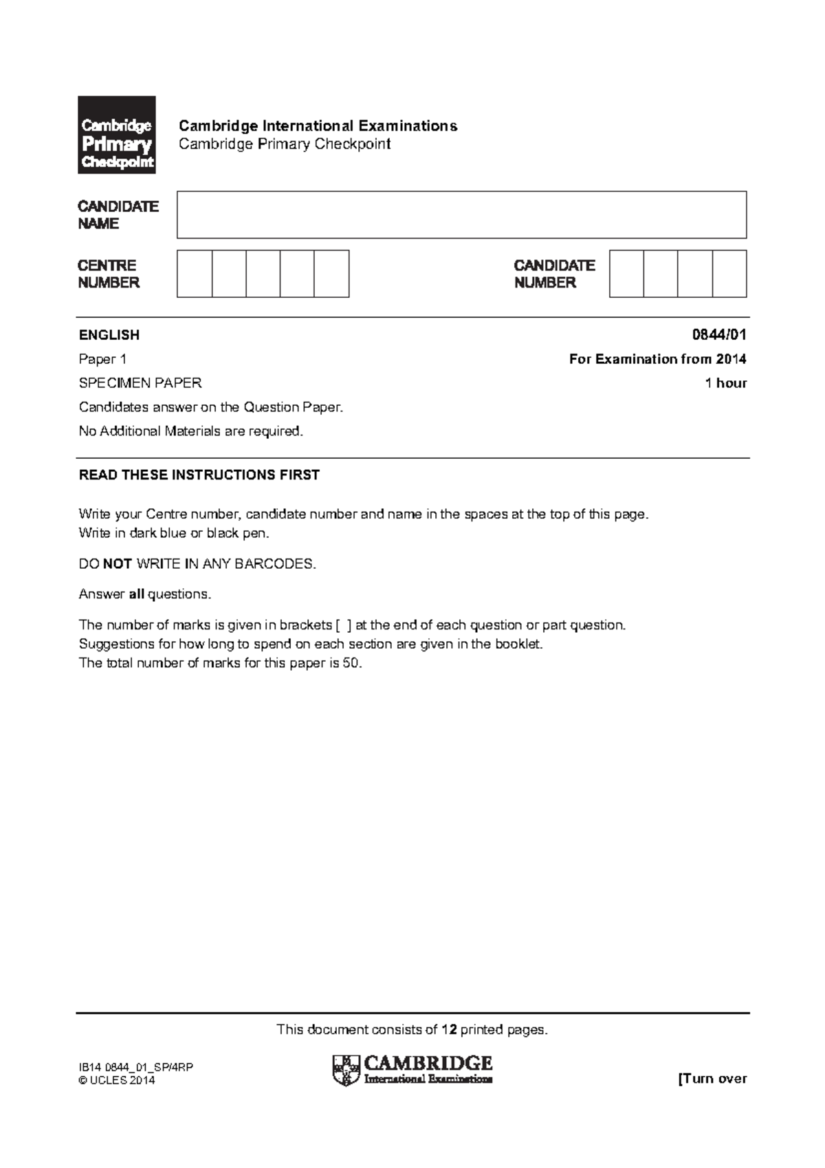 Primary Checkpoint English 0844 Specimen 2014 Paper 1 - This document ...