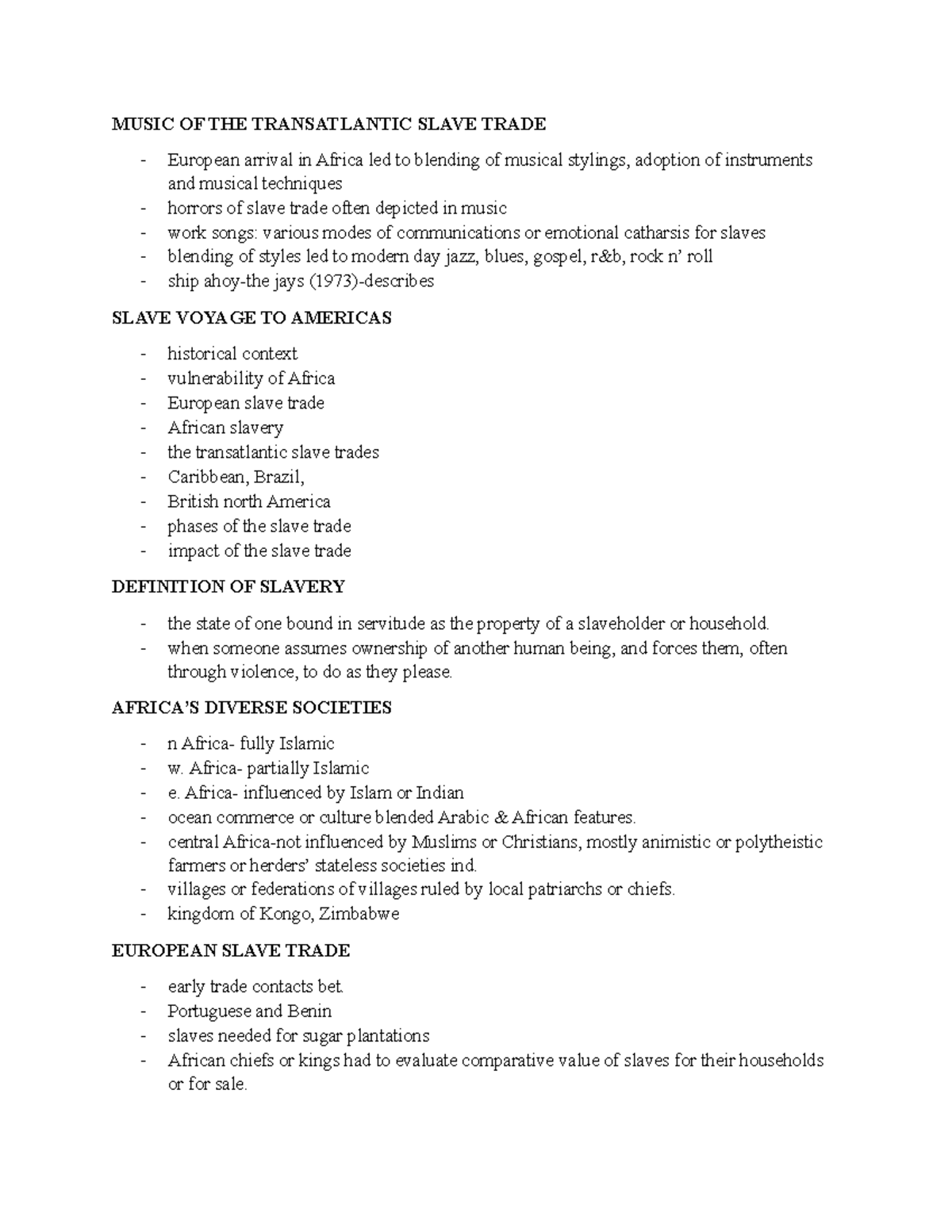 HIS230 Notes 1 - Transatlantic Slave Trade - MUSIC OF THE TRANSATLANTIC ...