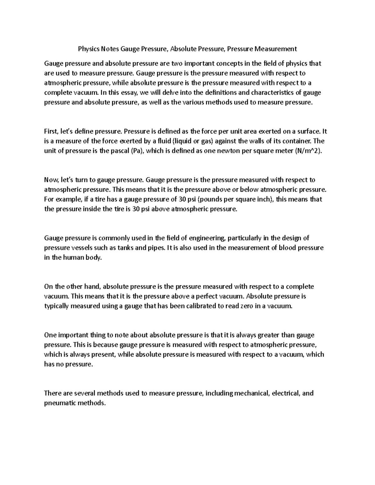 Physics Notes Gauge Pressure - Gauge pressure is the pressure measured ...