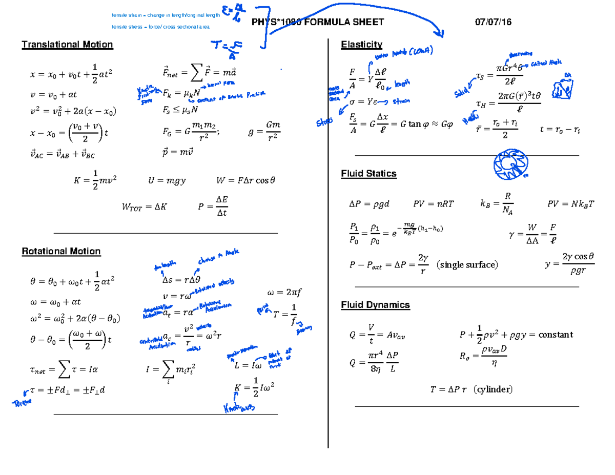 F'17 PHYS 1080 Formula Sheet - Cambria Math Font Used - PHYS*1080 ...