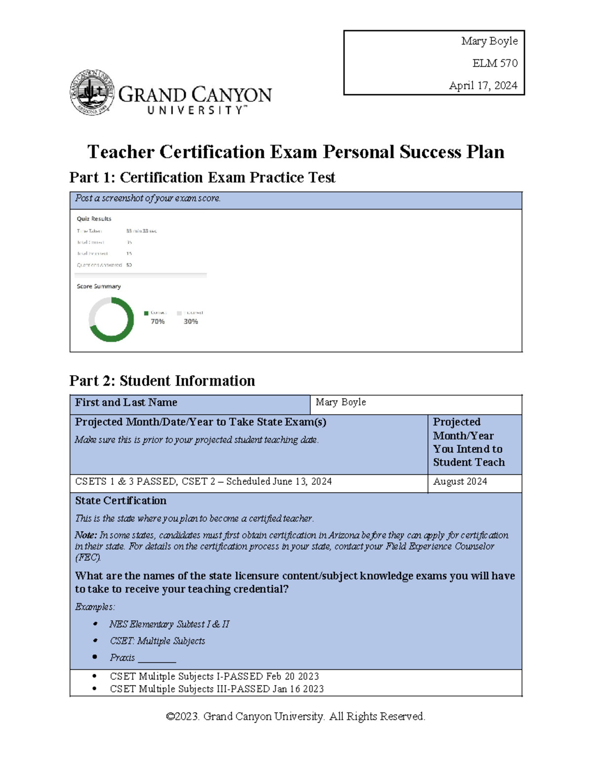 Teacher Certification Exam Personal Success Plan Final - Teacher ...
