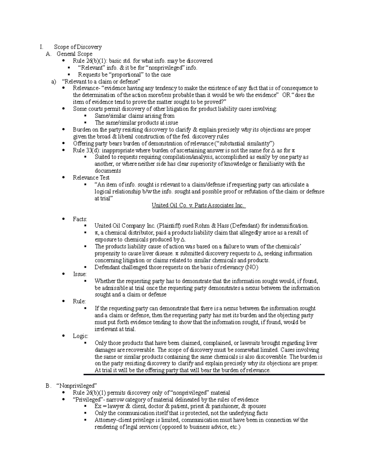 Reading 2 - Chapter Summary - I. Scope of Discovery A. General Scope ...