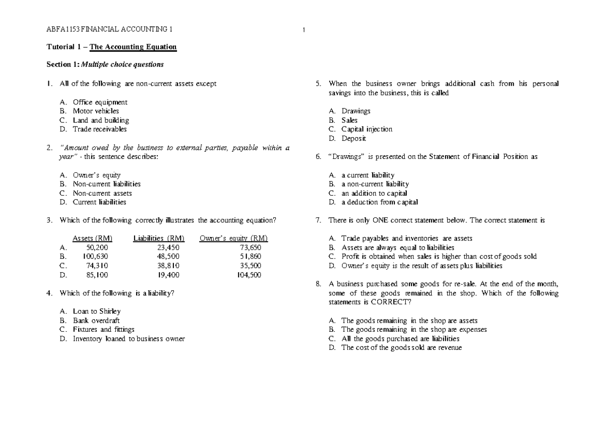 Tutorials quetions - tutorial ques - Tutorial 1 – The Accounting ...