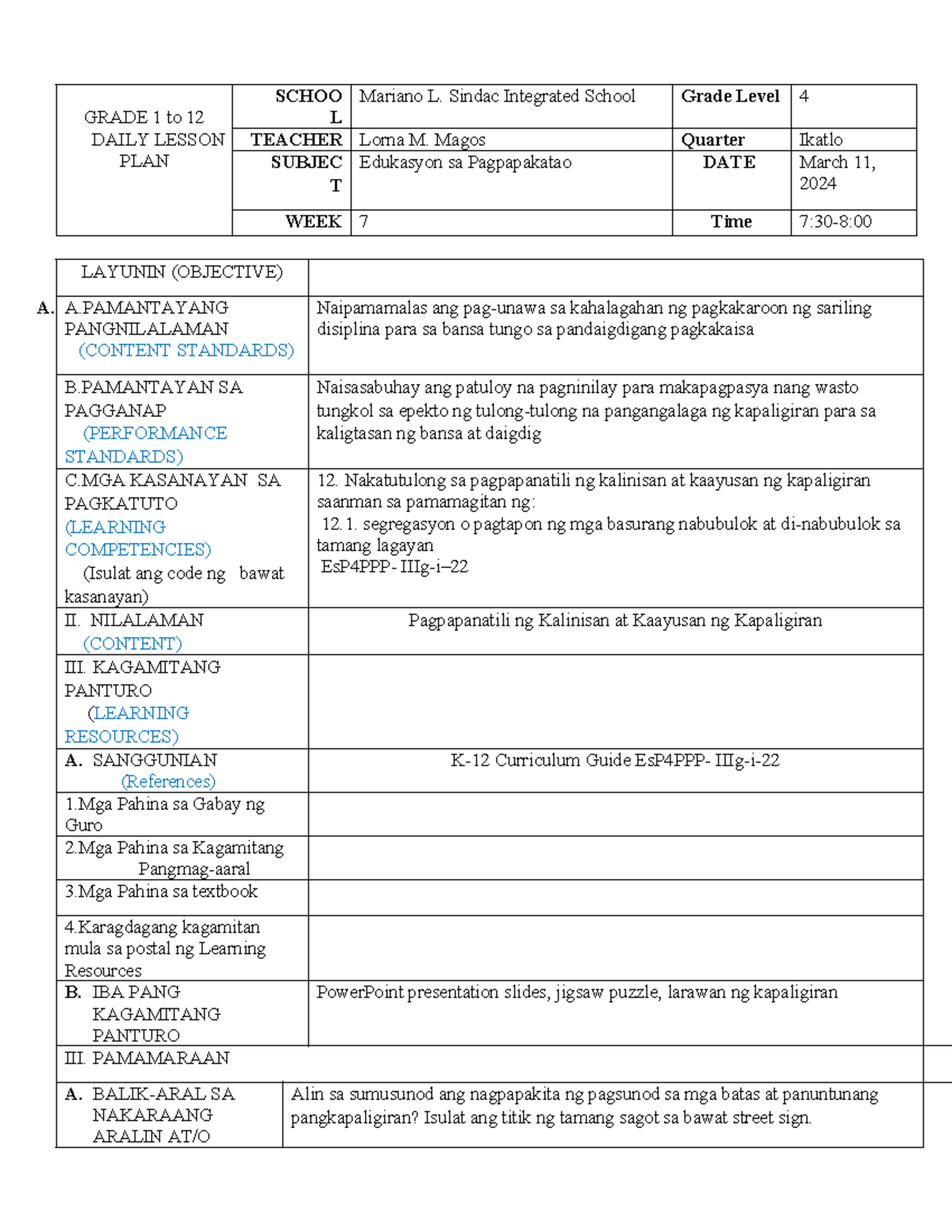 Cot 2 in esp 4 2022 - Copy - Classroom observation lesson plan - GRADE ...
