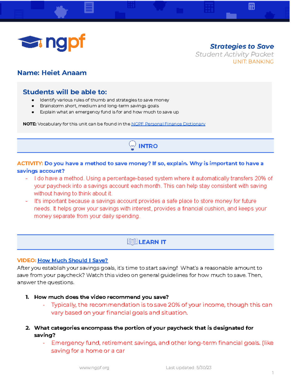 Copy of Strategies to Save Student Activity Packet - Strategies to Save ...