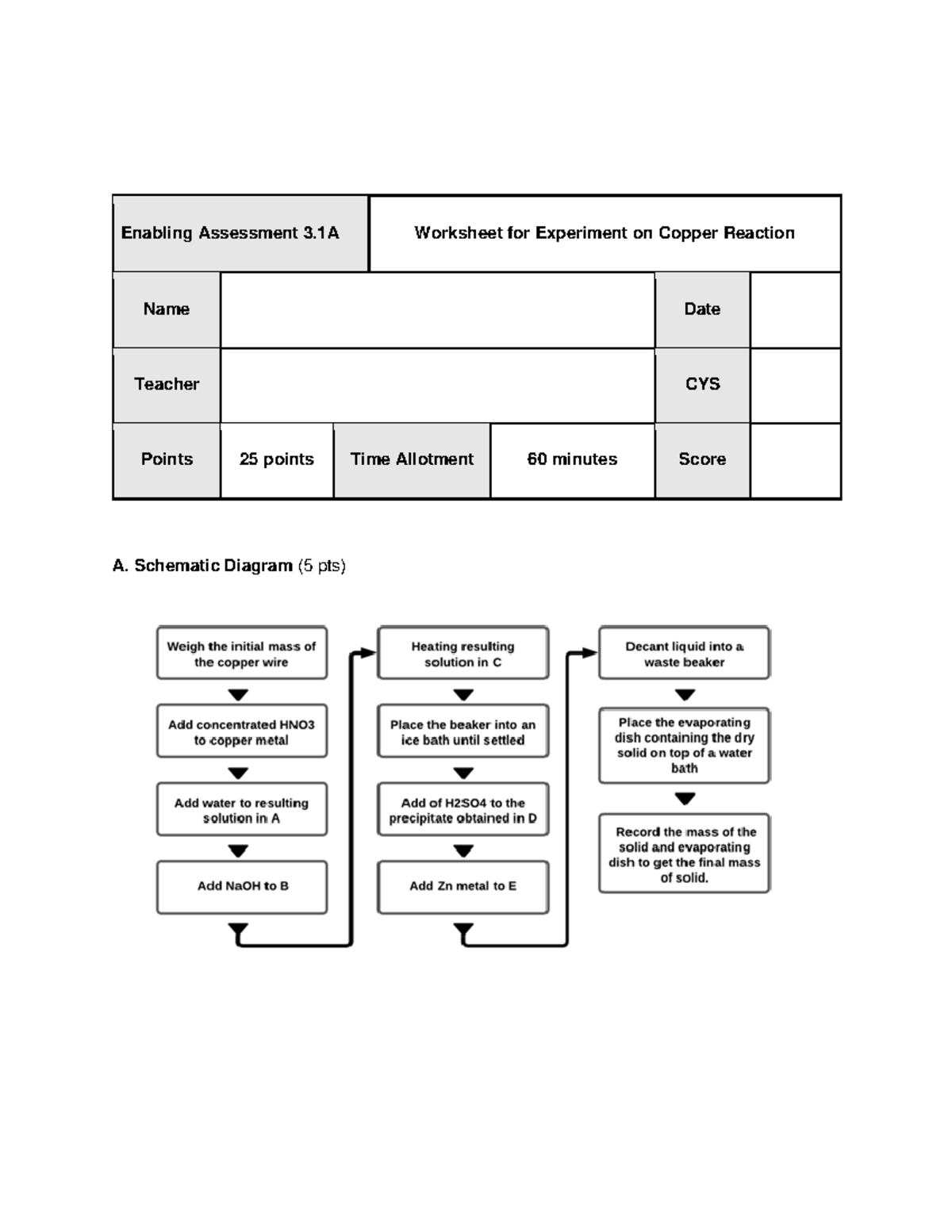 Inorganic and Organic Lab Worksheet on Copper Reaction - General ...