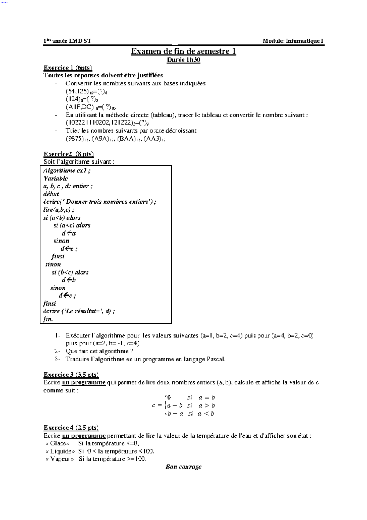 Examens en informatique 2 - Université de Mostaganem Abdelhamid IBn Badis La faculté des ...