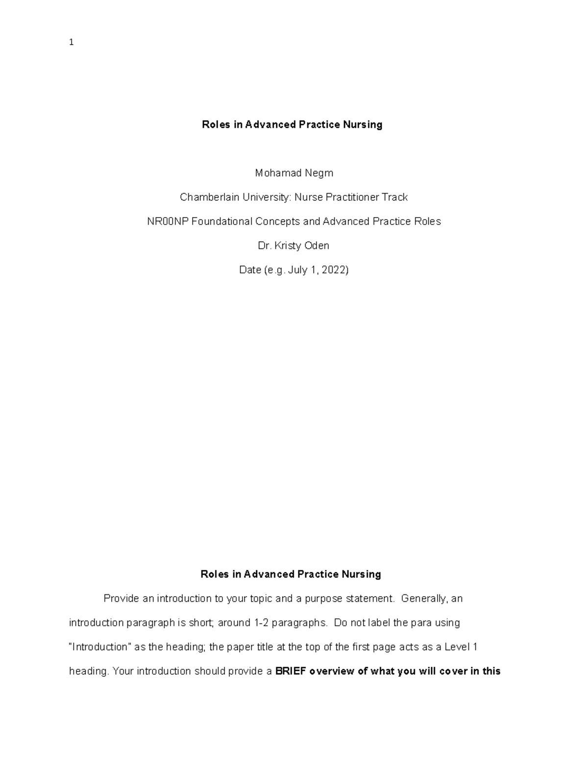 NR500NP Week 2 APA Paper Template Final 8 22 - Roles in Advanced ...