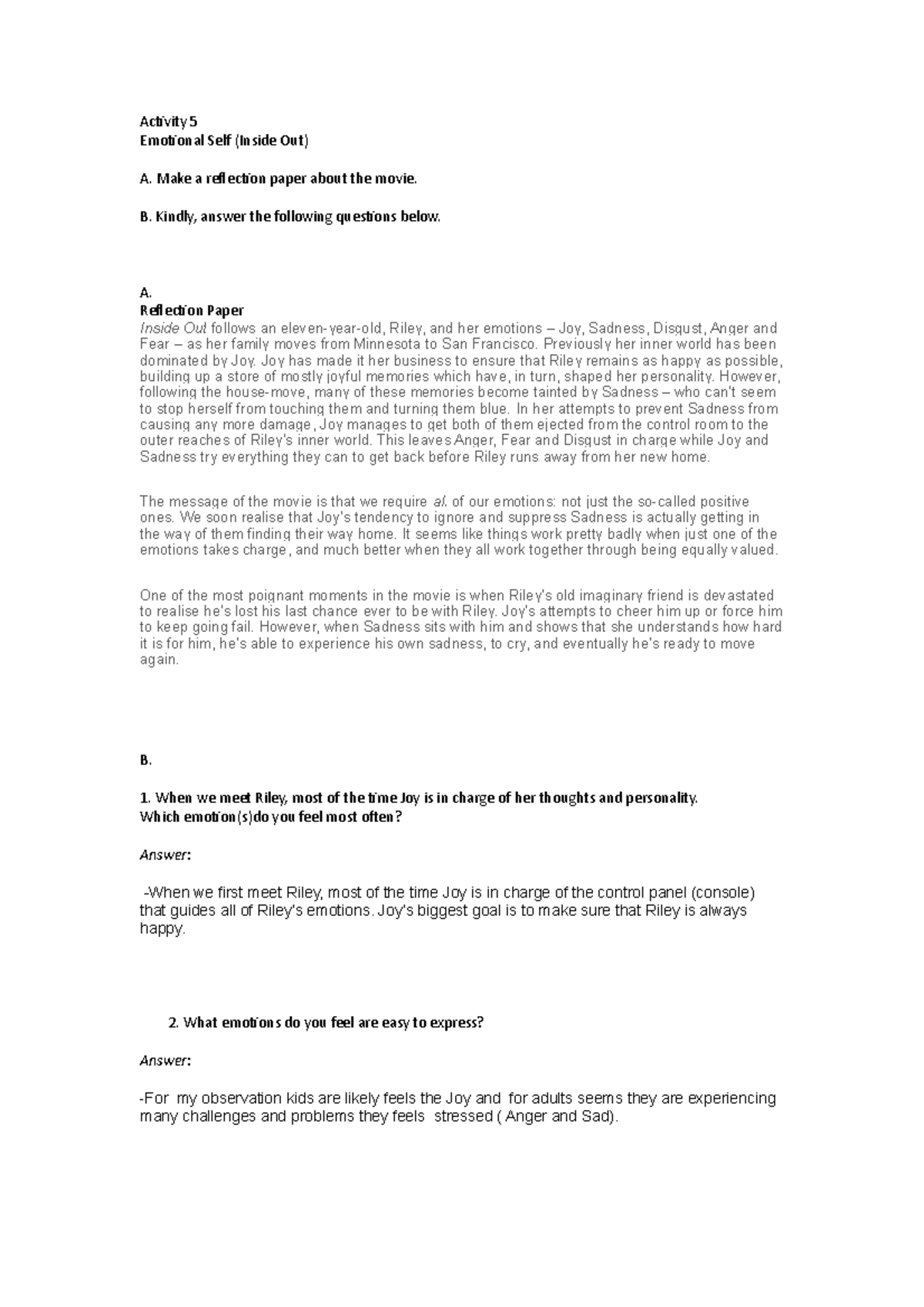 Rascal Johana Activity 5 - Activity 5 Emotional Self (Inside Out) A ...