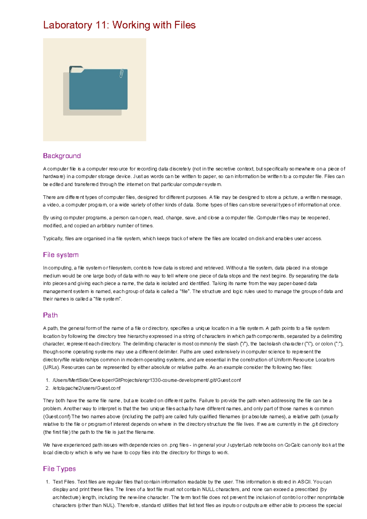 Lab11 - Lab 11 - Laboratory 11: Working with Files Background A computer file is a computer ...