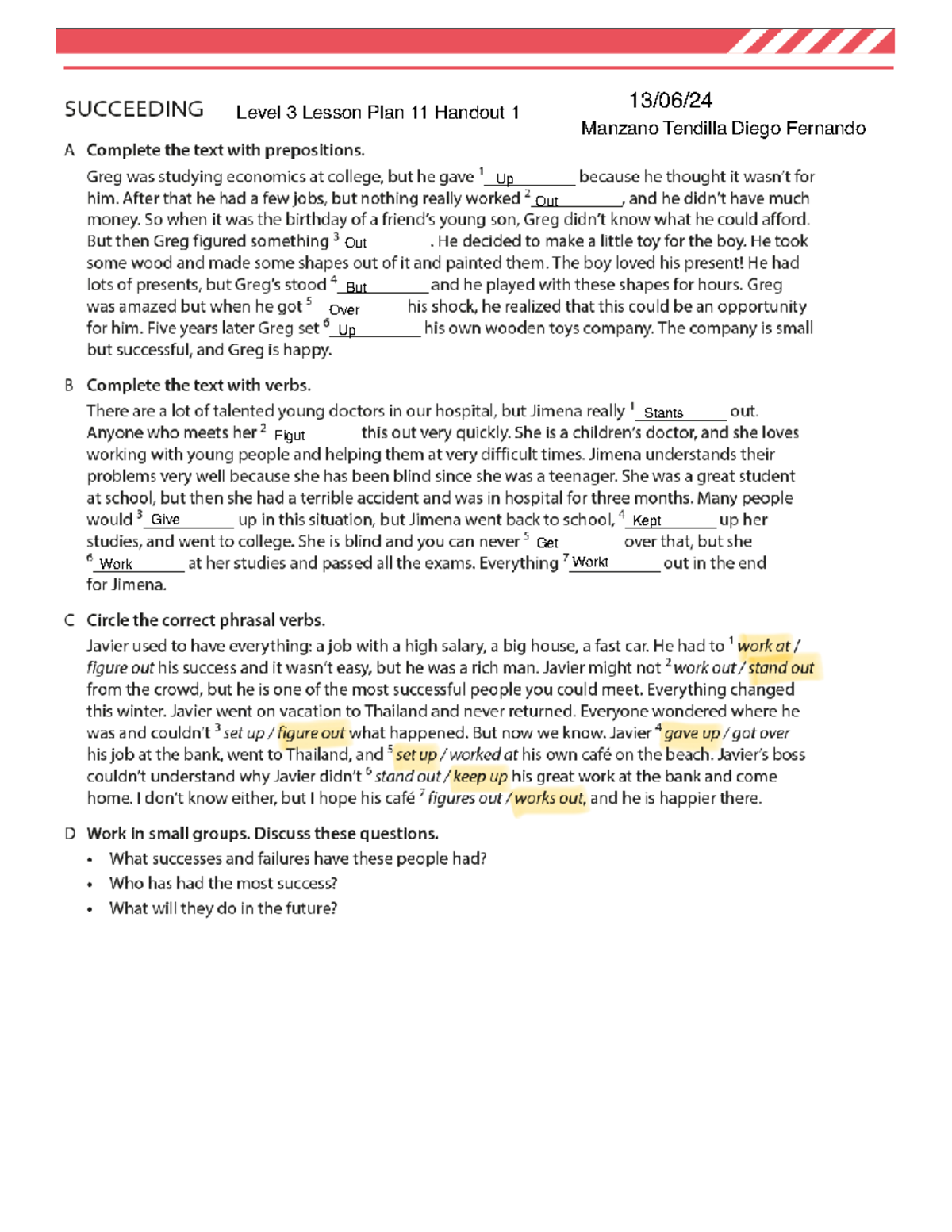 Level 3 Lesson Plan 11 Handout 1 - Ingles - Studocu