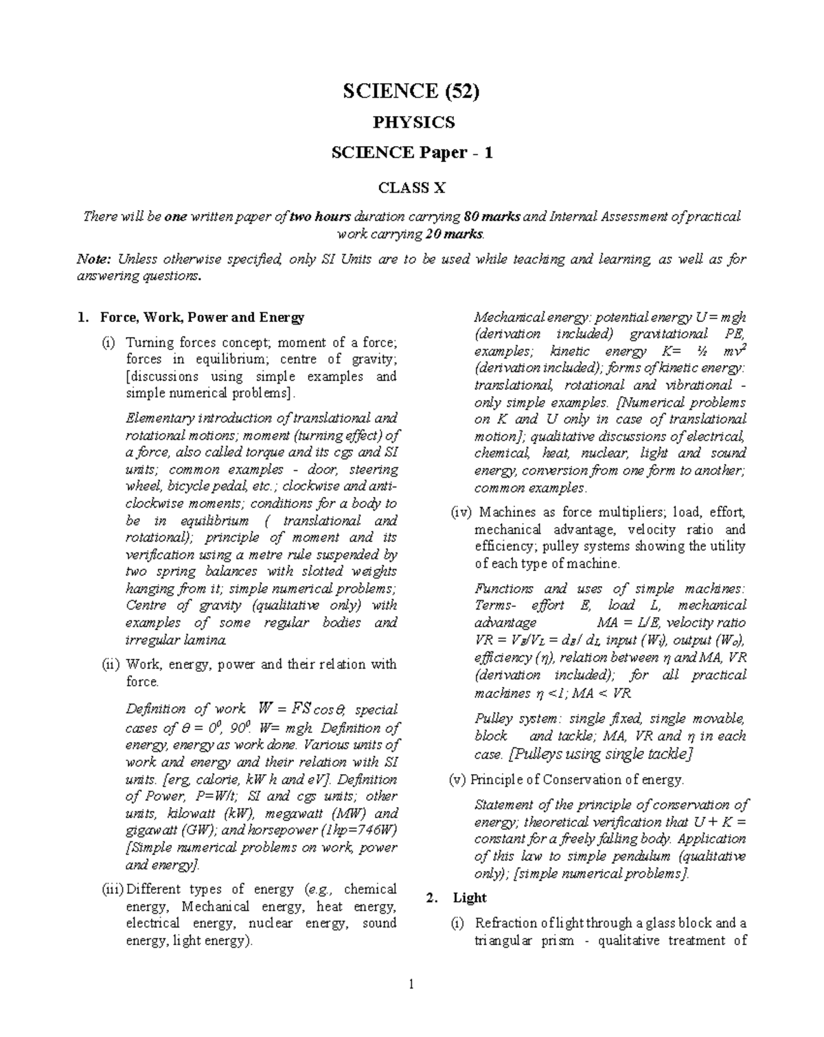 9 - Tig - SCIENCE (52) PHYSICS SCIENCE Paper - 1 CLASS X There will be ...