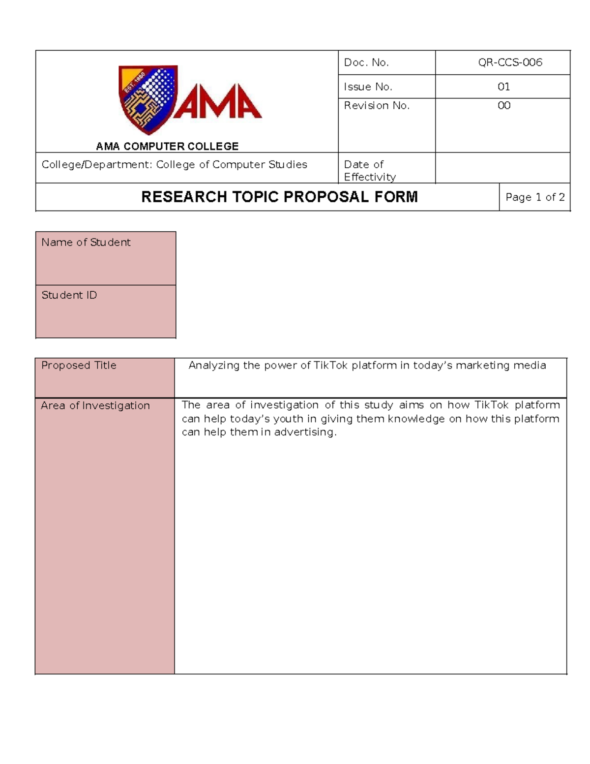 Final Topic 1 - AMA COMPUTER COLLEGE Doc. No. QR-CCS- 006 Issue No. 01 ...