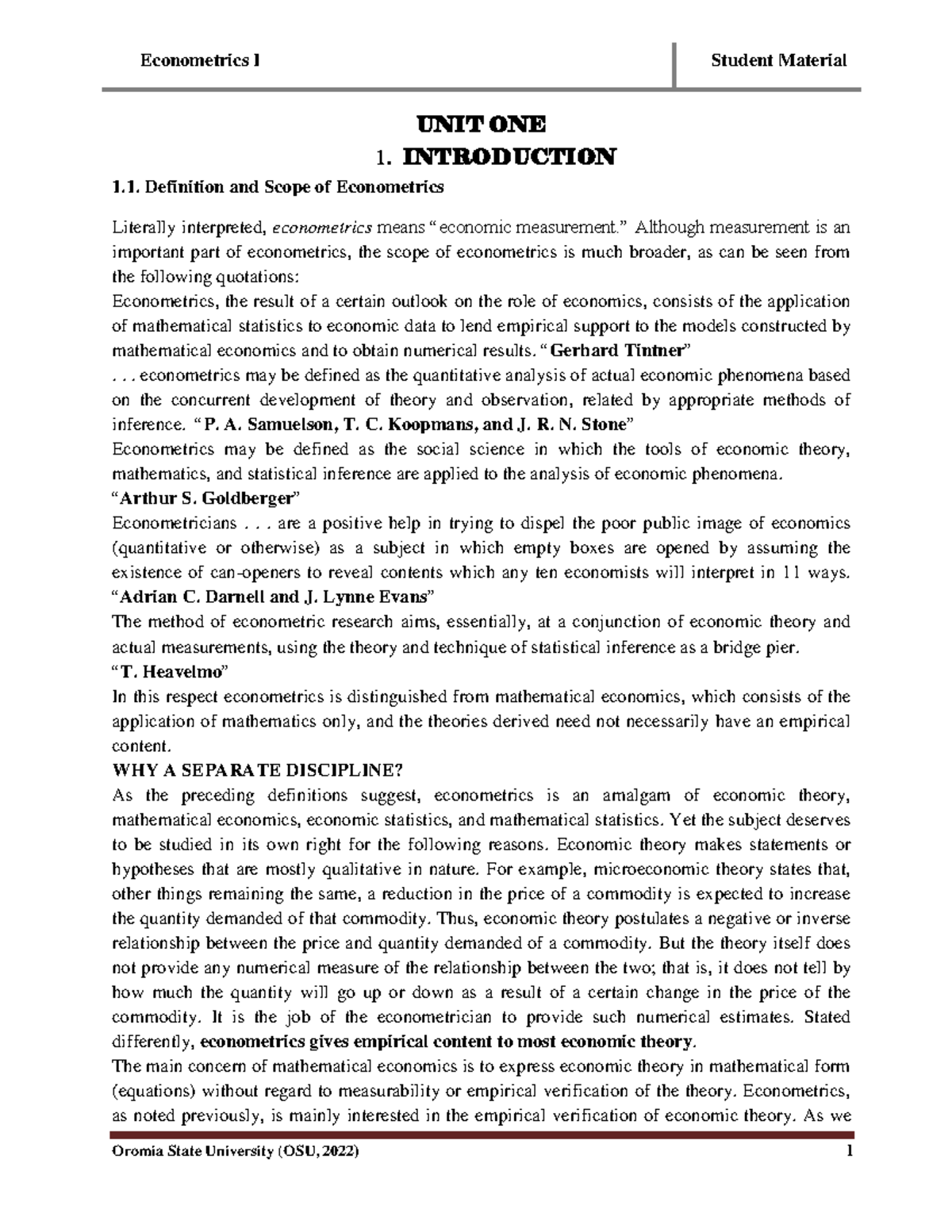 Econometrics Module I Unit One 1 Introduction Definition And Scope Of Econometrics Literally