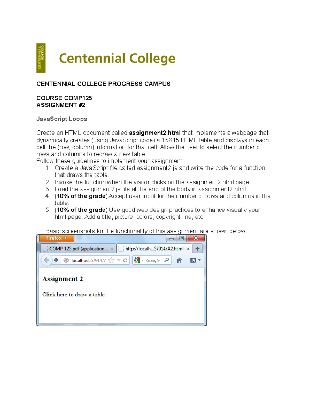 Comp125assignment 2w20 Centennial College Progress Campus Course Comp Assignment Javascript