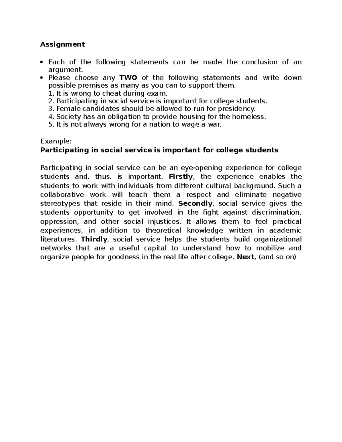 Building Arguments (Assignment) - Assignment Each of the following ...