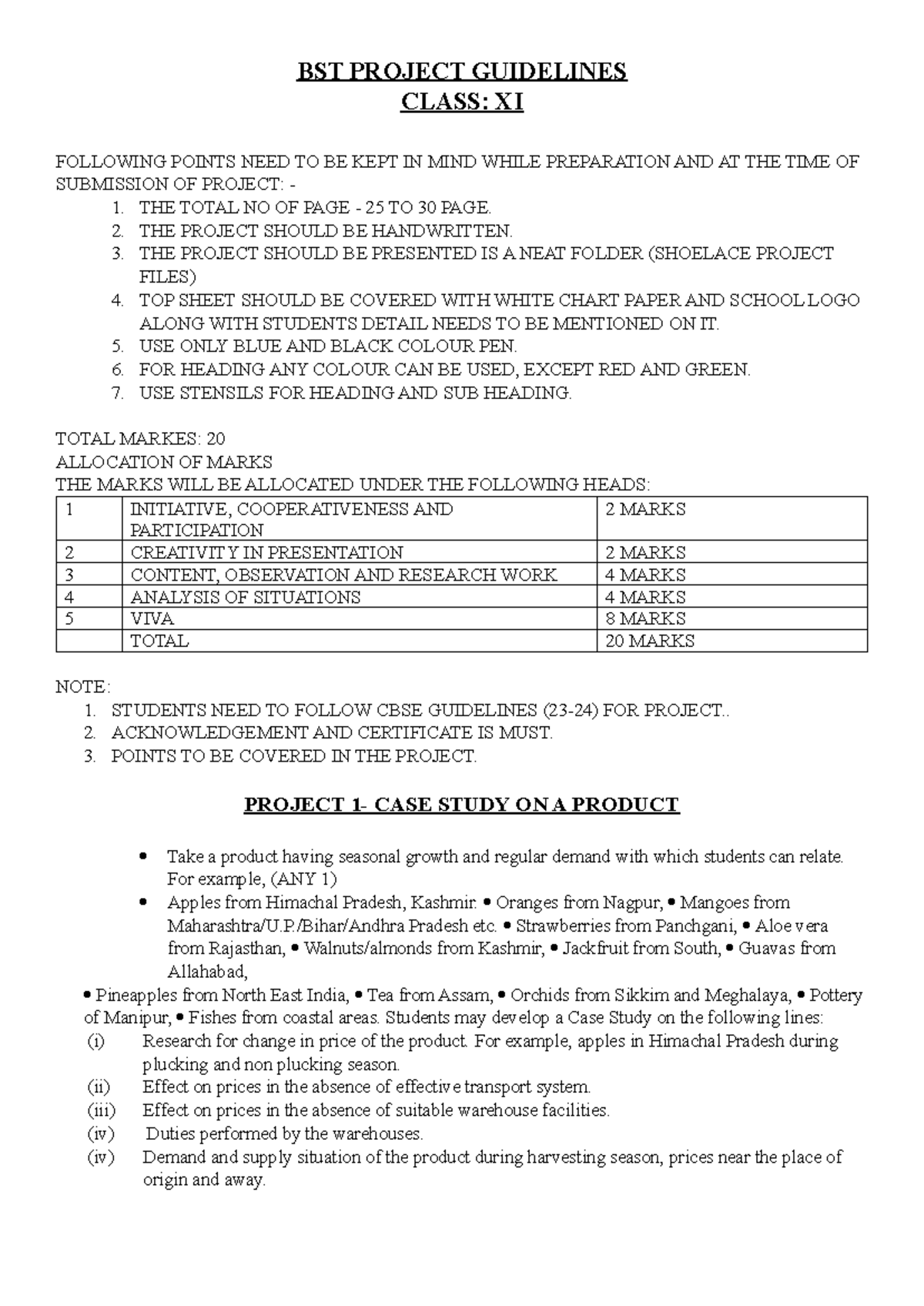 11 BST Project Guideline - BST PROJECT GUIDELINES CLASS: XI FOLLOWING ...