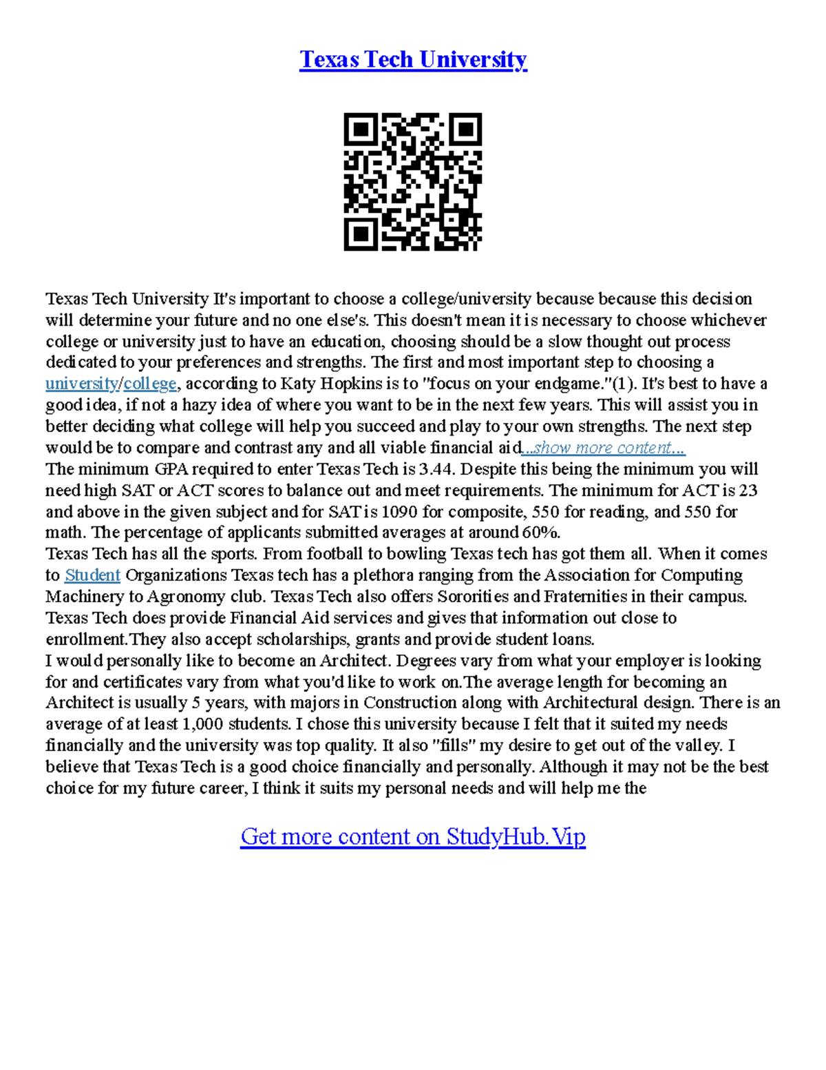 University Of Texas Essays - Texas Tech University Texas Tech ...