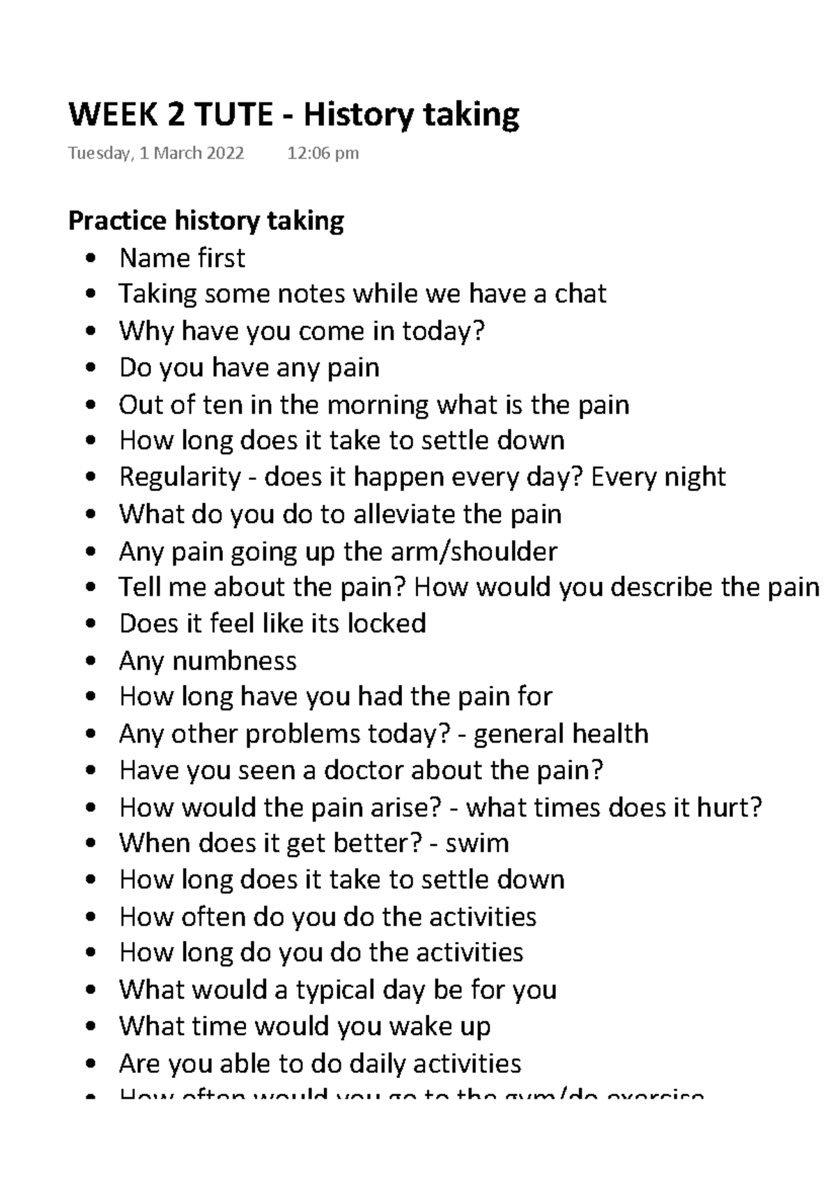 WEEK 2 TUTE - History taking - Practice history taking - Name first ...