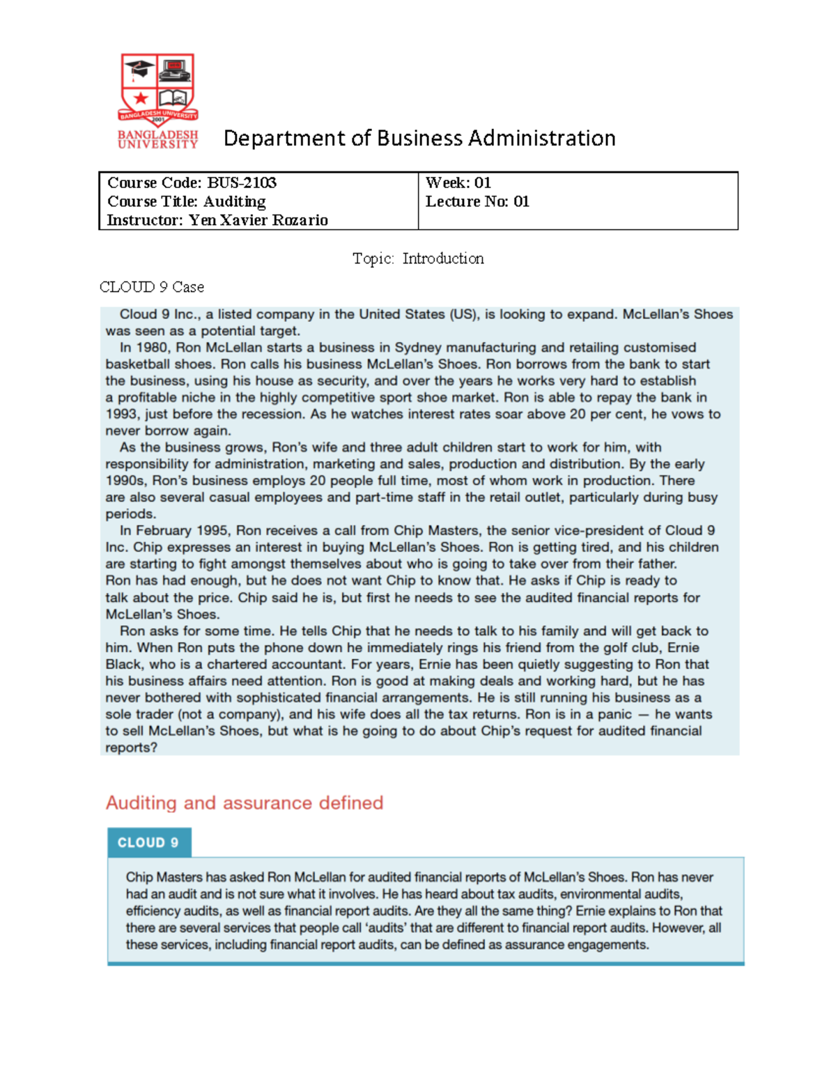 Lecture 01 - Audit Intro - Course Code: BUS- Course Title: Auditing Instructor: Yen Xavier ...