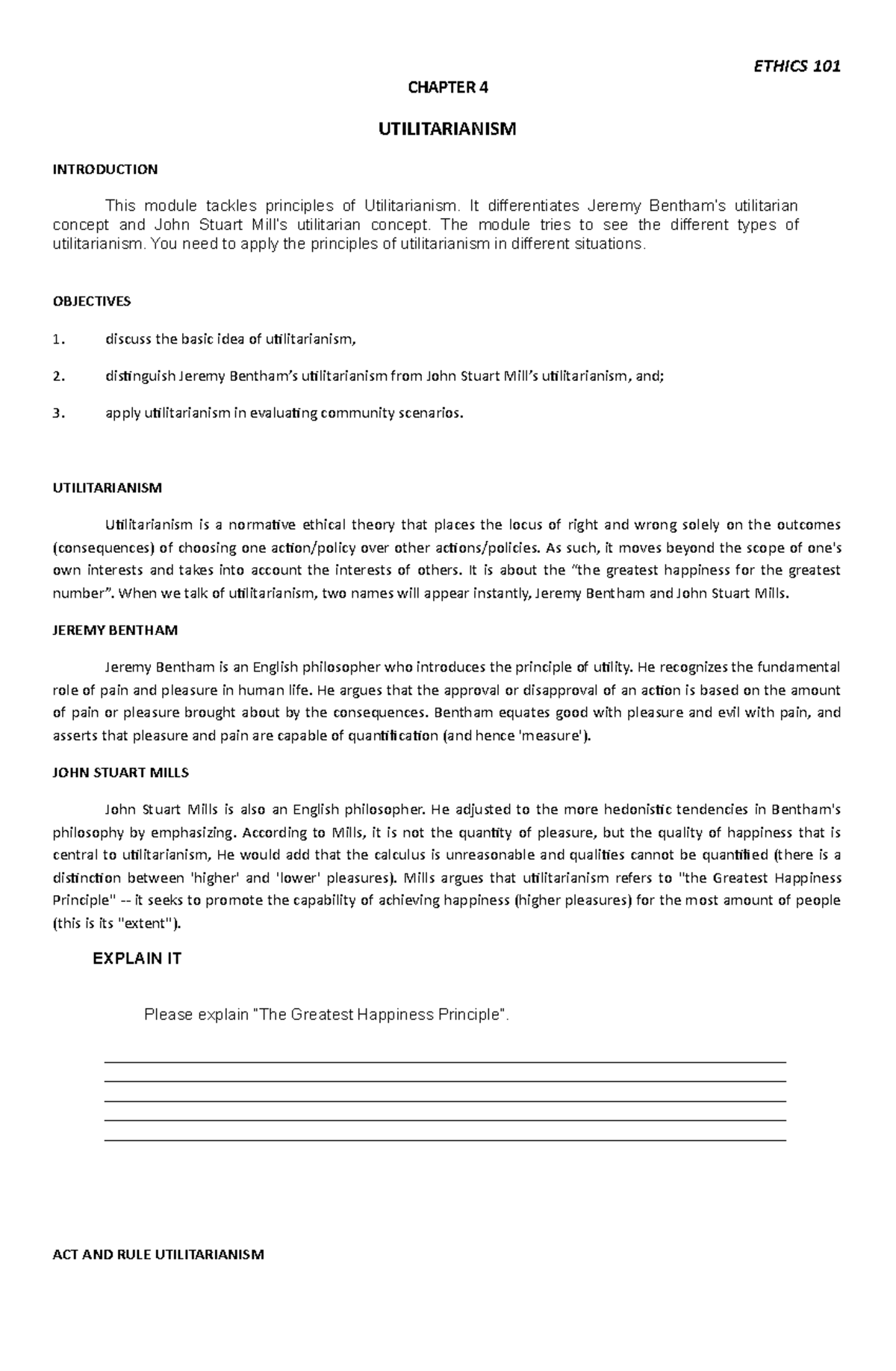 Chapter 4- Utilitarianism (F) - ETHICS 101 CHAPTER 4 UTILITARIANISM ...