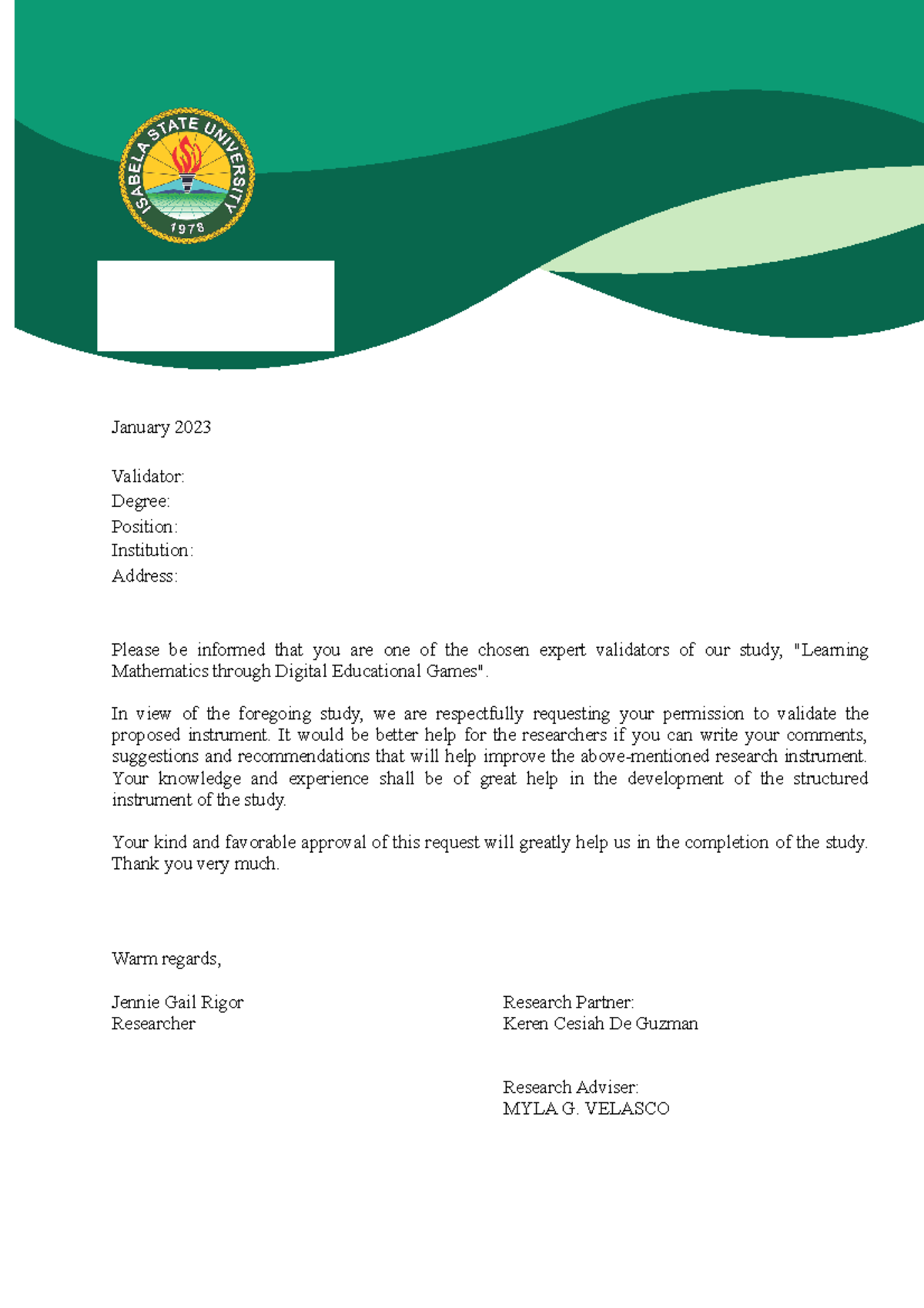 Request Letter FOR Validators - January 2023 Validator: Degree ...